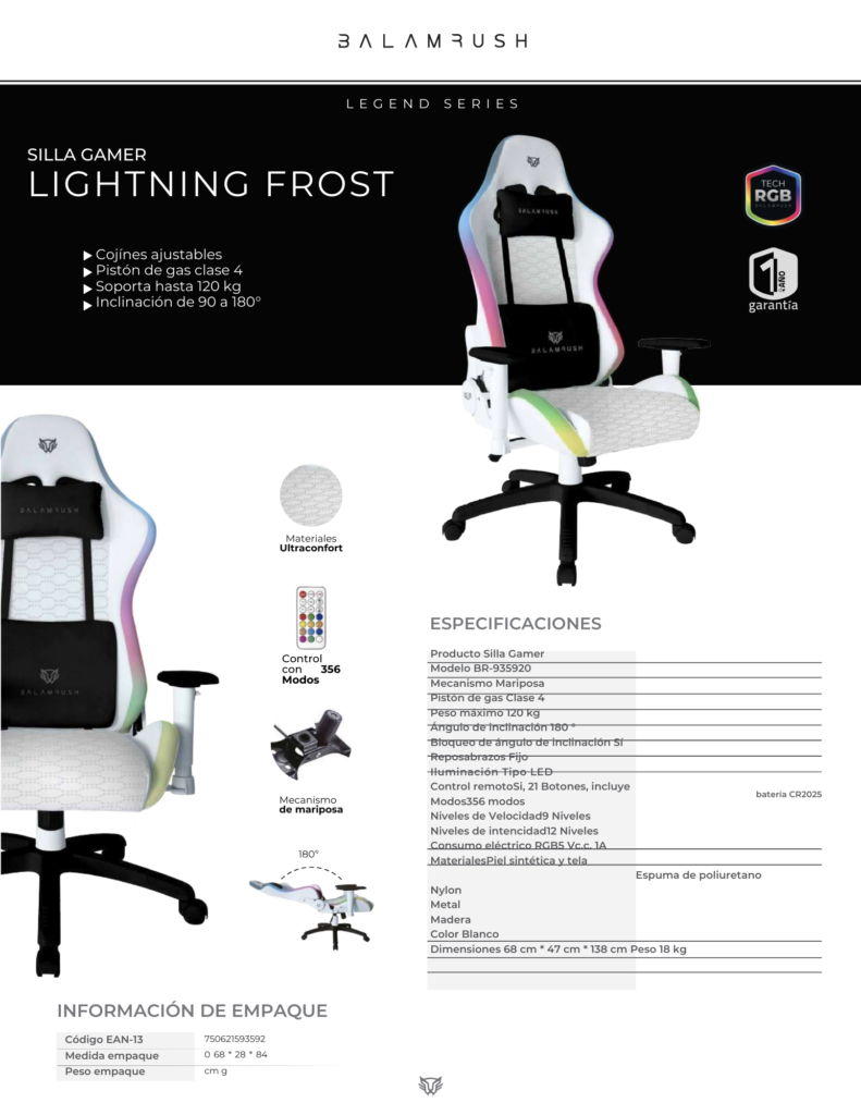 Silla Gamer Balam Rush Lightning Frost RGB, Blanco - DOS BITS MX