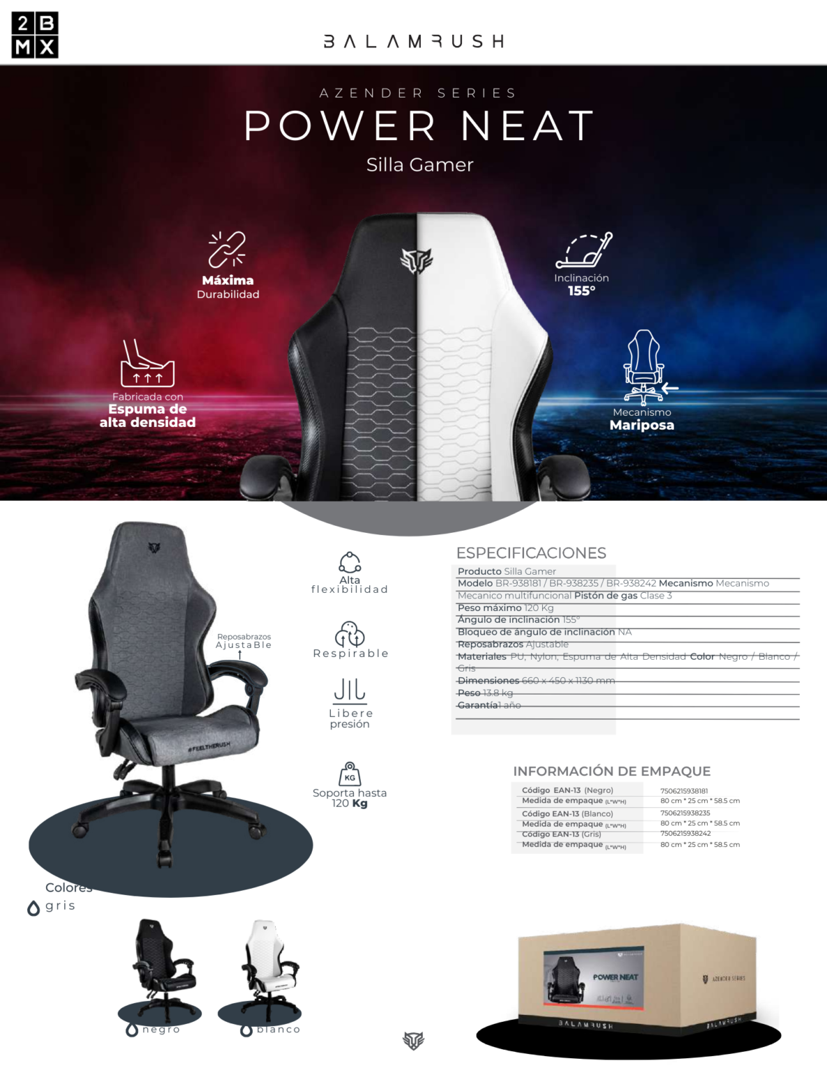 Silla Gamer Balam Rush Power Neat, Blanco - DOS BITS MX